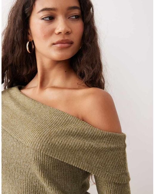 ASOS Supersoft Brushed Rib Long Sleeve Off Shoulder Top in Green | Lyst UK