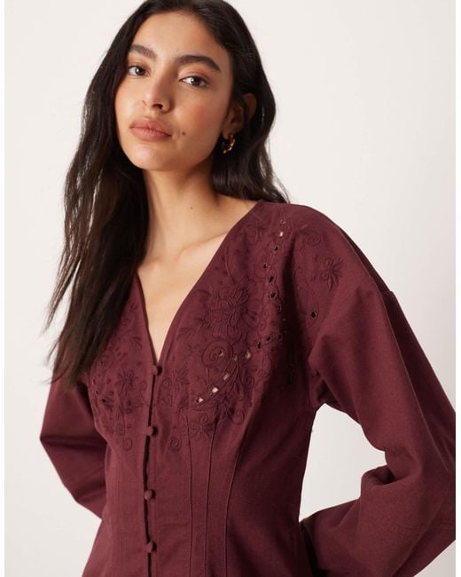 ASOS Long Sleeved Cutwork Button Down Mini Dress in Red | Lyst
