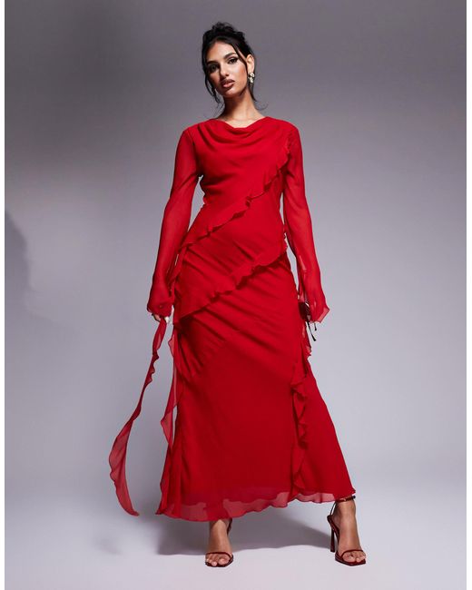 DASKA Chiffon Maxi Dress With Frill Details in Red | Lyst