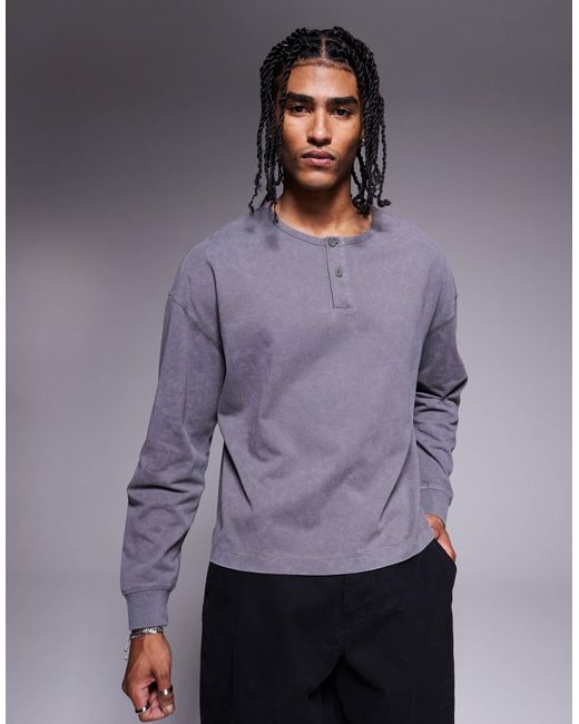 ASOS Heavyweight Oversized Boxy Long Sleeve Washed Henley in Purple for ...