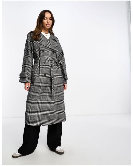 ASOS Heritage Check Trench Coat in Gray | Lyst