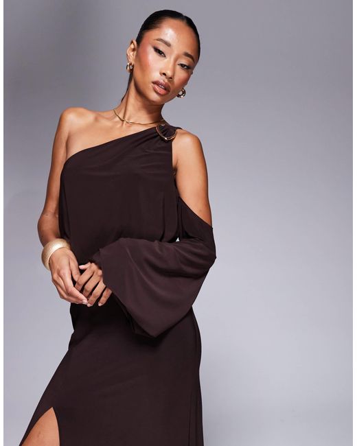ASOS Slinky Asymmetric Drape Maxi Dress With Oversized Trim in Brown | Lyst
