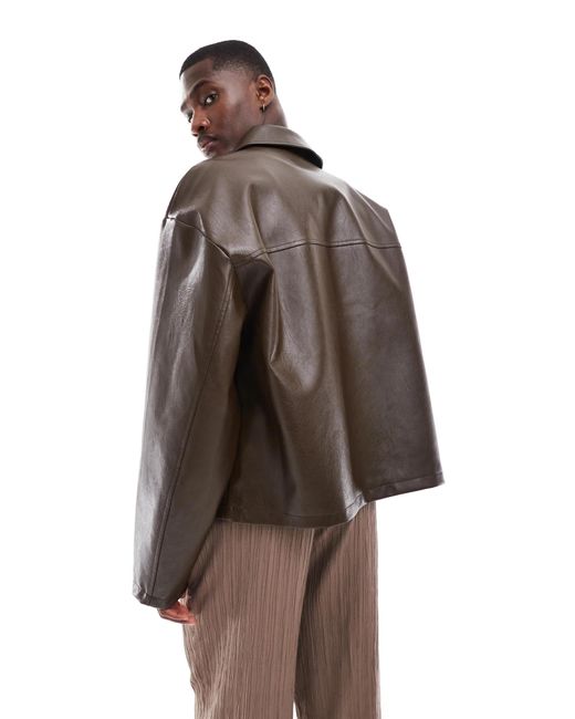 ASOS Oversized Faux Leather Boxy Harrington Jacket in Brown for Men | Lyst