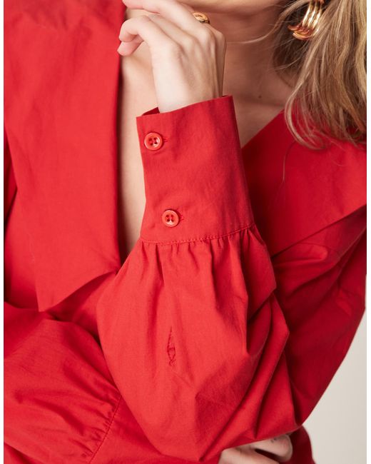 ASOS Poplin Oversized Tie Front Collar Blouse in Red | Lyst