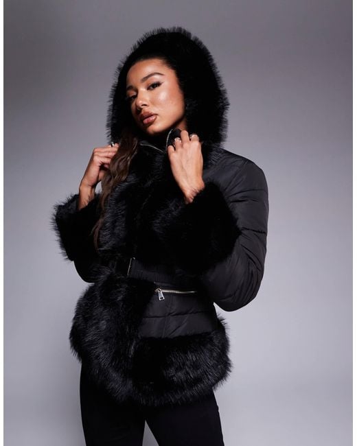 River Island Faux Fur Short Puffer Jacket in Black | Lyst