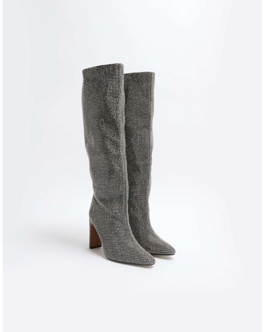 River Island Heatseal Knee High Heeled Boot in Gray | Lyst