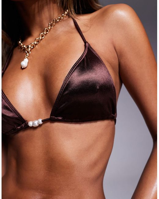 South Beach Pearl Detail Triangle Bikini Top in Brown | Lyst