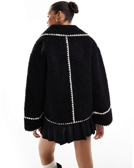 Object Borg Teddy Aviator Jacket With Contrast Stitch in Black | Lyst