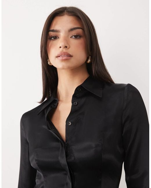 ASOS Fitted Satin Shirt Dress in Black | Lyst