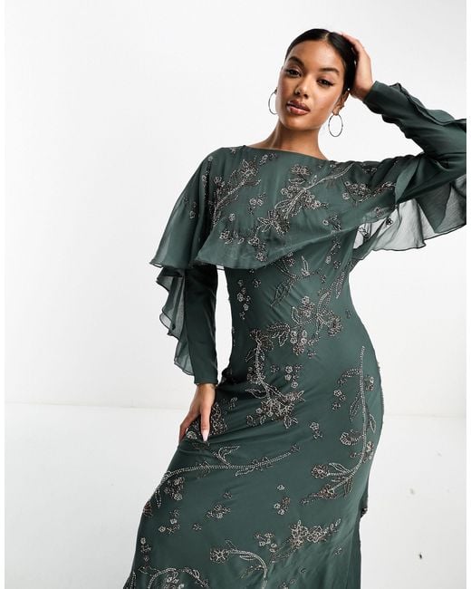 Asos Modesty Embellished Long Sleeve Ruffle Bias Maxi Dress With Cape