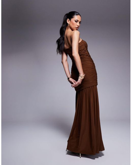 ASOS Ruched Bandeau Maxi Dress With Dropped Waist in Brown | Lyst