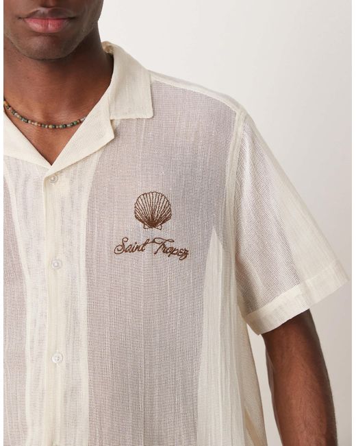 ASOS Boxy Sheer Textured Shirt With Chest Embroidery in Natural for Men ...