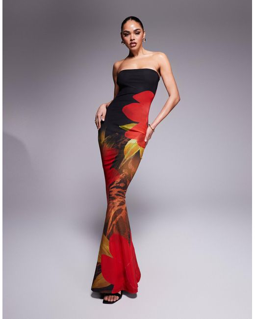 Murci Exclusive Bandeau Fishtail Maxi Dress in Red | Lyst