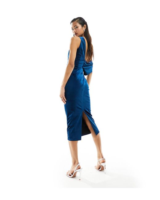 Asos Velvet Fallen Shoulder Pleat Back Midi Dress In Blue Lyst