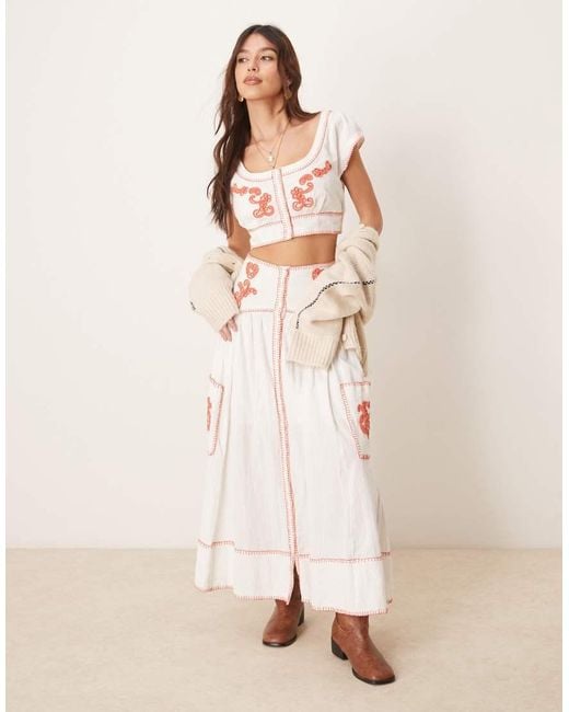 Free People Embroidered Boho Co-ord Skirt And Blouse Set in Natural ...