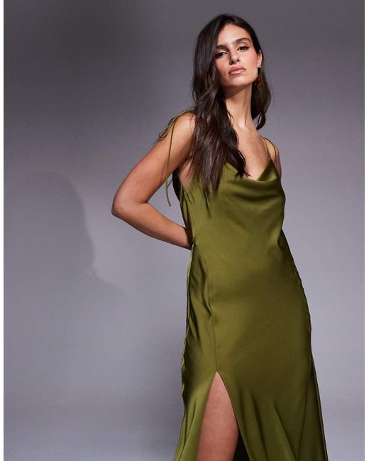 ASOS Satin Tie Strap Maxi Dress With Split Detail in Green | Lyst UK