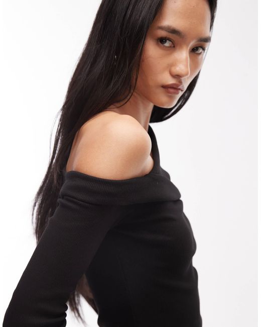 ASOS Ribbed Twisted Asymmetric Long Sleeve Top in Black | Lyst