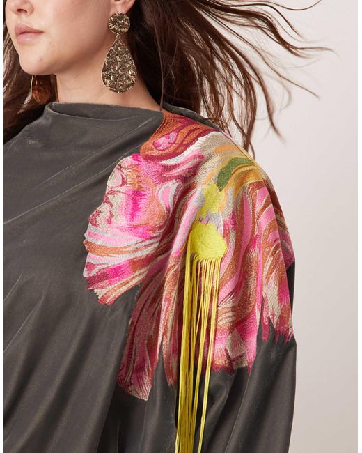 ASOS Curve Velvet Embroidered Maxi Dress With Fringe Detail in Brown | Lyst