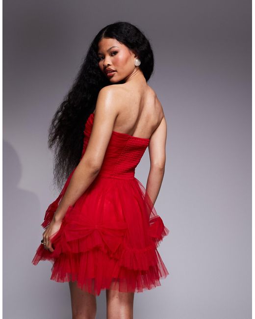LACE & BEADS Corset Overlay Tulle Bow Mini Dress in Red | Lyst