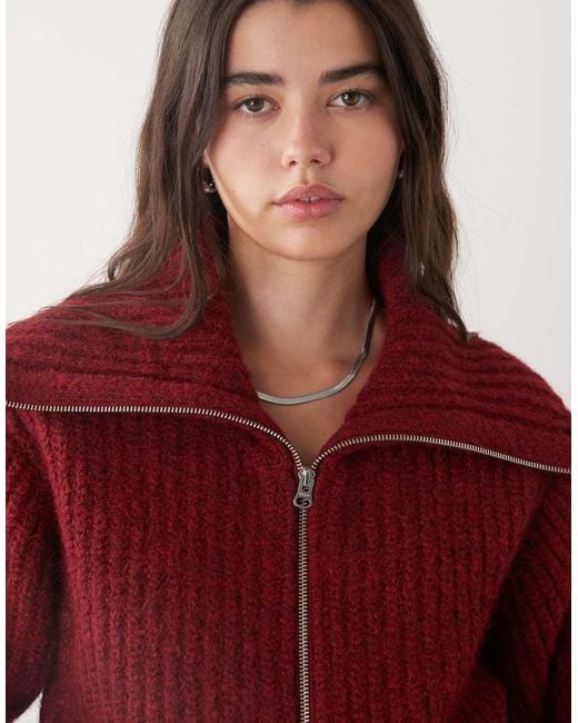 Weekday Chunky Rib Hem Zip Up Cardigan in Red | Lyst UK
