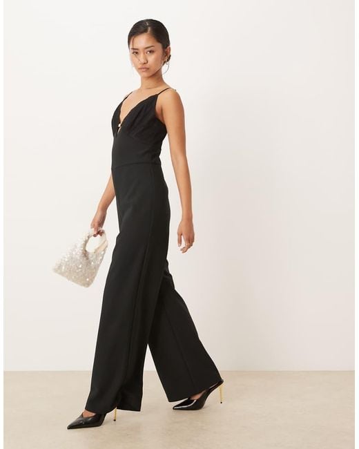Abercrombie & Fitch Plunge Jumpsuit With Lace Detail in Black | Lyst UK