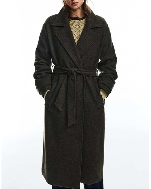 Pull&Bear Long Felt Texture Coat With Belt in Black | Lyst UK