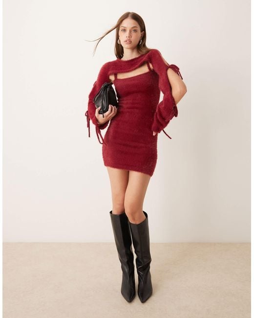 The Frolic Exclusive Fluffy Cut Out Bow Tie Sleeve Knitted Mini Dress in Red | Lyst