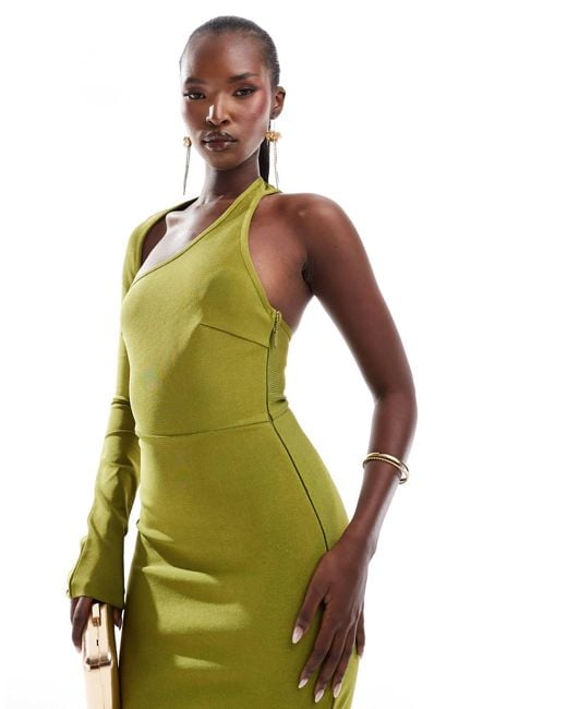 ASOS Bandage Wrap Around Neckline One Sleeve Midi Dress in Green | Lyst