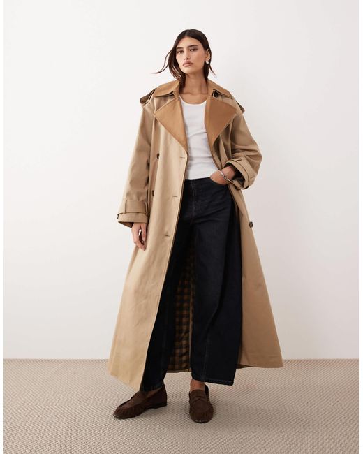 ARRANGE Two Tone Lapel Double Breasted Trench Coat in Natural | Lyst