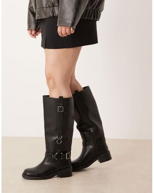 ASOS Curve Cobra Buckle Harness Knee Boots With Silver Hardware in ...