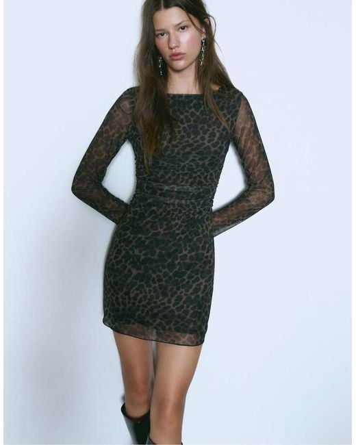 Stradivarius Short Tulle Leopard Print Dress in Green | Lyst UK