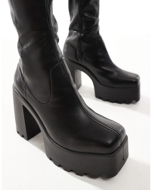 ASOS Curve Cara Square Toe Cleated Knee Boots in Black | Lyst