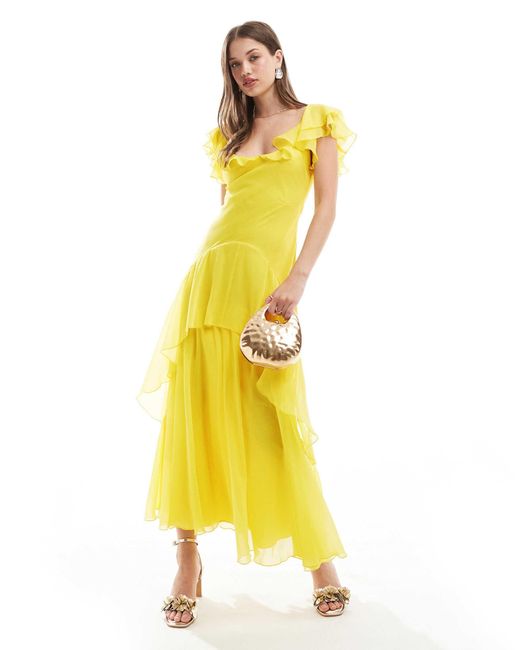 ASOS Ruffle Midi Dress With Flutter Sleeves in Yellow | Lyst