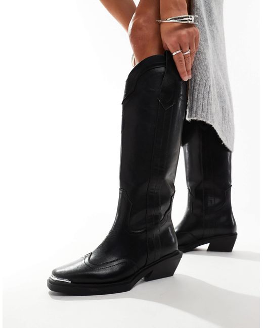 ASOS Wide Fit Celeste Flat Western Knee Boots in Black | Lyst