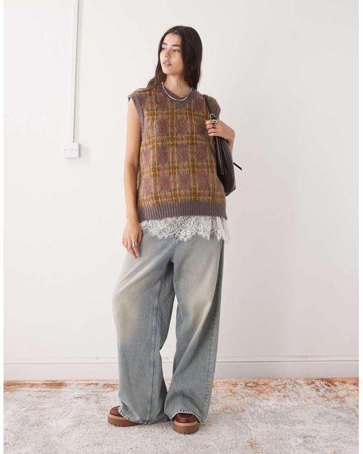 The Ragged Priest Oversized Knitted Check Vest in Brown | Lyst UK