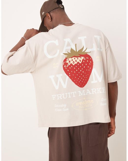 ASOS Oversized Boxy Heavyweight T-shirt With Strawberry Pack Print in Natural for Men | Lyst