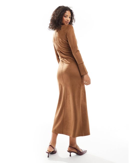 ASOS Faux Suede Button Through Long Sleeve Maxi Dress in Brown | Lyst