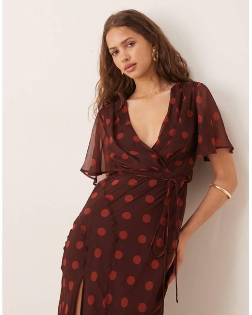 ASOS Angel Sleeve Wrap Front Midi Dress With Seaming Details in Brown | Lyst UK