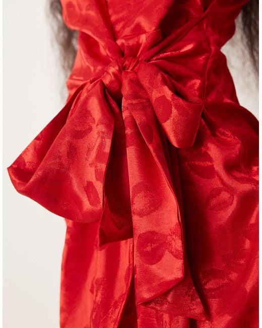 Never Fully Dressed Petite Lip Embossed Satin Wrap Mini Dress in Red | Lyst