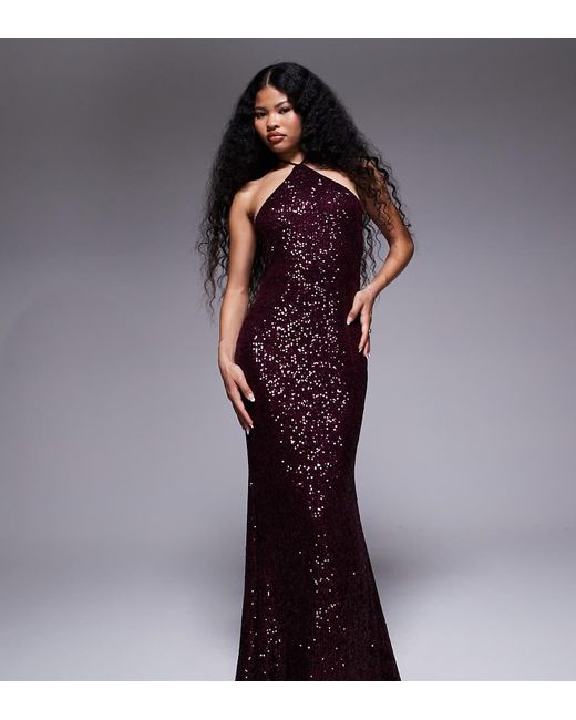 ASOS Asos Design Petite All Over Sequin Halter Maxi Dress in Purple ...