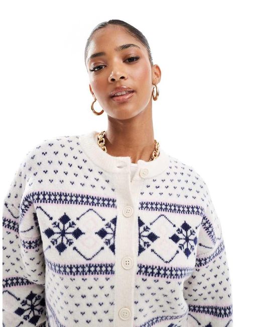 ASOS Crew Neck Cardigan With Fair Isle Pattern in White | Lyst UK