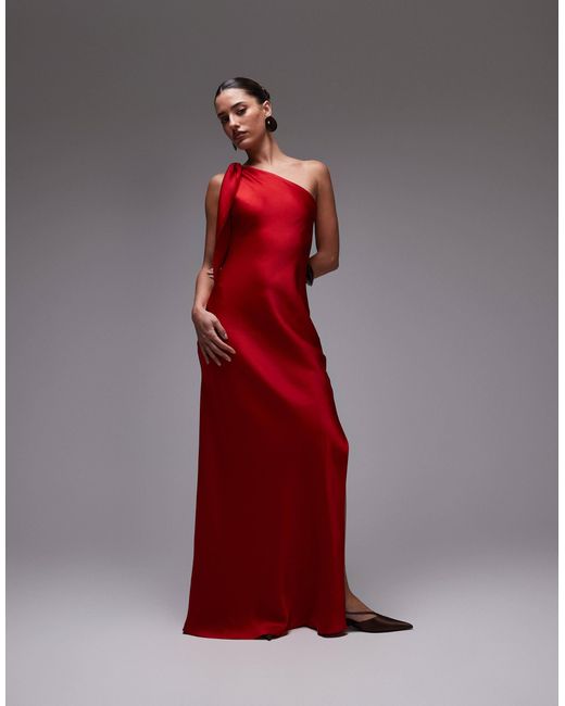 Mango One Shoulder Satin Side Split Maxi Dress in Red | Lyst