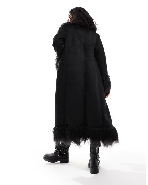 ASOS Longline Faux Suede And Fur Coat in Black | Lyst