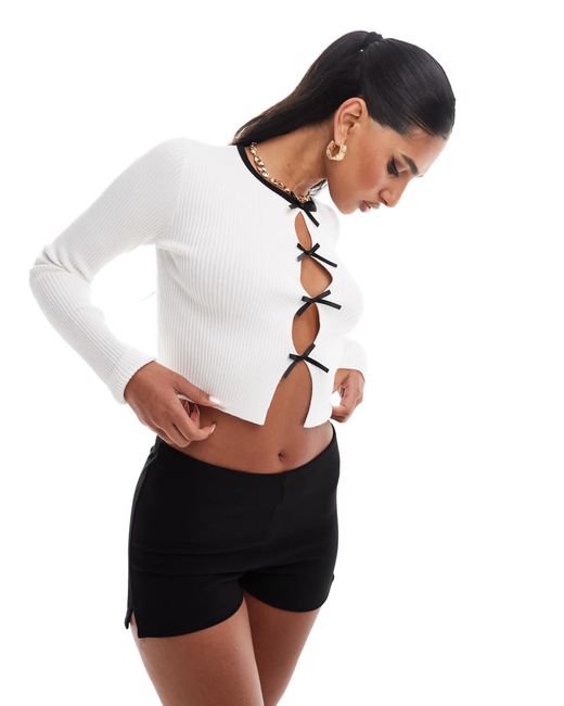 The Frolic Exclusive Contrast Ribbed Bow Detail Cropped Cardigan in White | Lyst