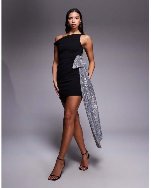ASOS Crepe Twisted Off The Shoulder Mini Dress With Silver Sequined Bow ...