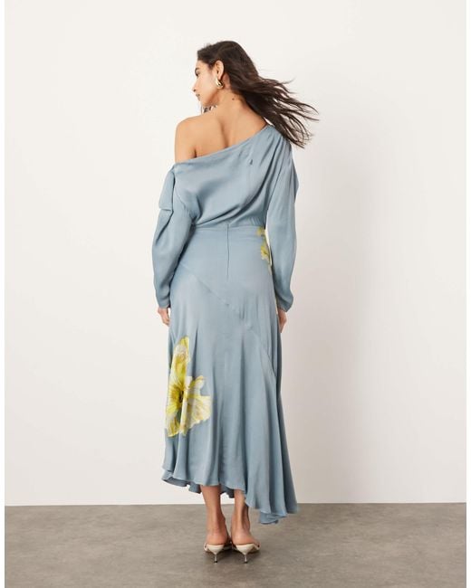 ASOS Satin Floral Embroidered Drape One Shoulder Midi Dress in Blue | Lyst