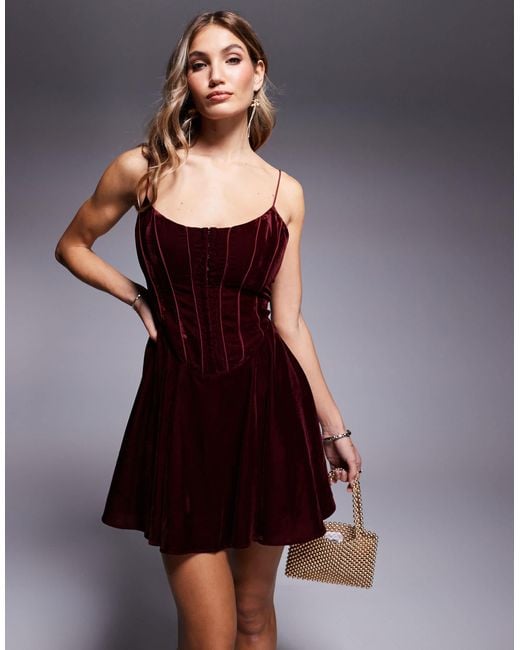 ASOS Structured Corset Detail Velvet Skater Mini Dress | Lyst