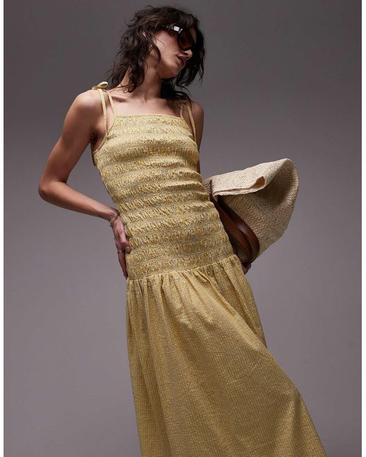 TOPSHOP Cami Shirred Midi Dress in Yellow | Lyst