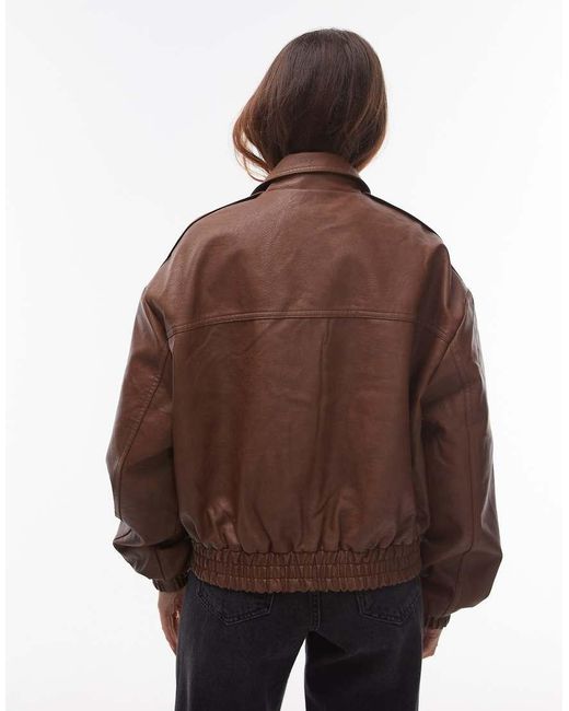 TOPSHOP Faux Leather Oversized Bomber Jacket in Brown | Lyst UK