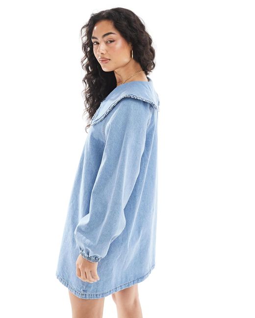 ASOS Denim Mini Dress With Oversized Ruffle Collar in Blue | Lyst